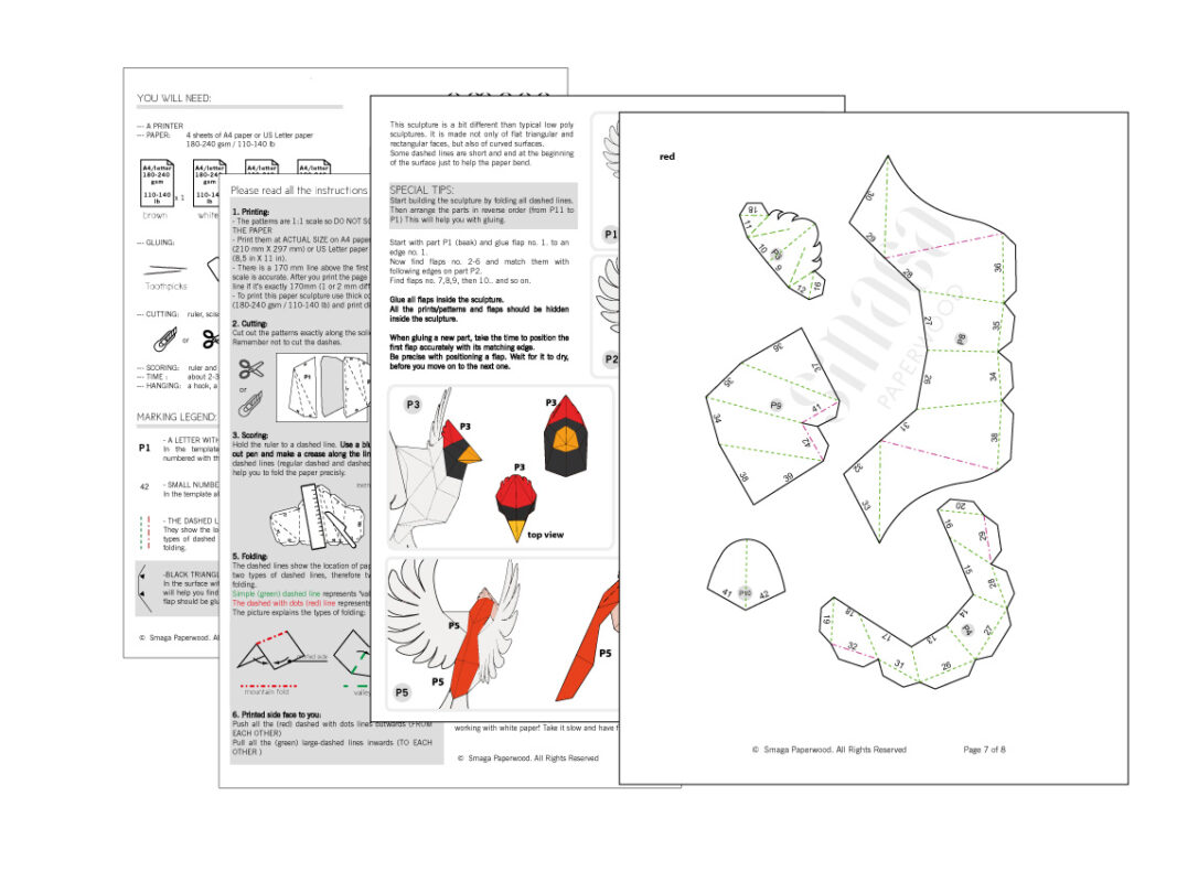Red cardinal bird figurine. Paper craft template. – SmagaPaperwood